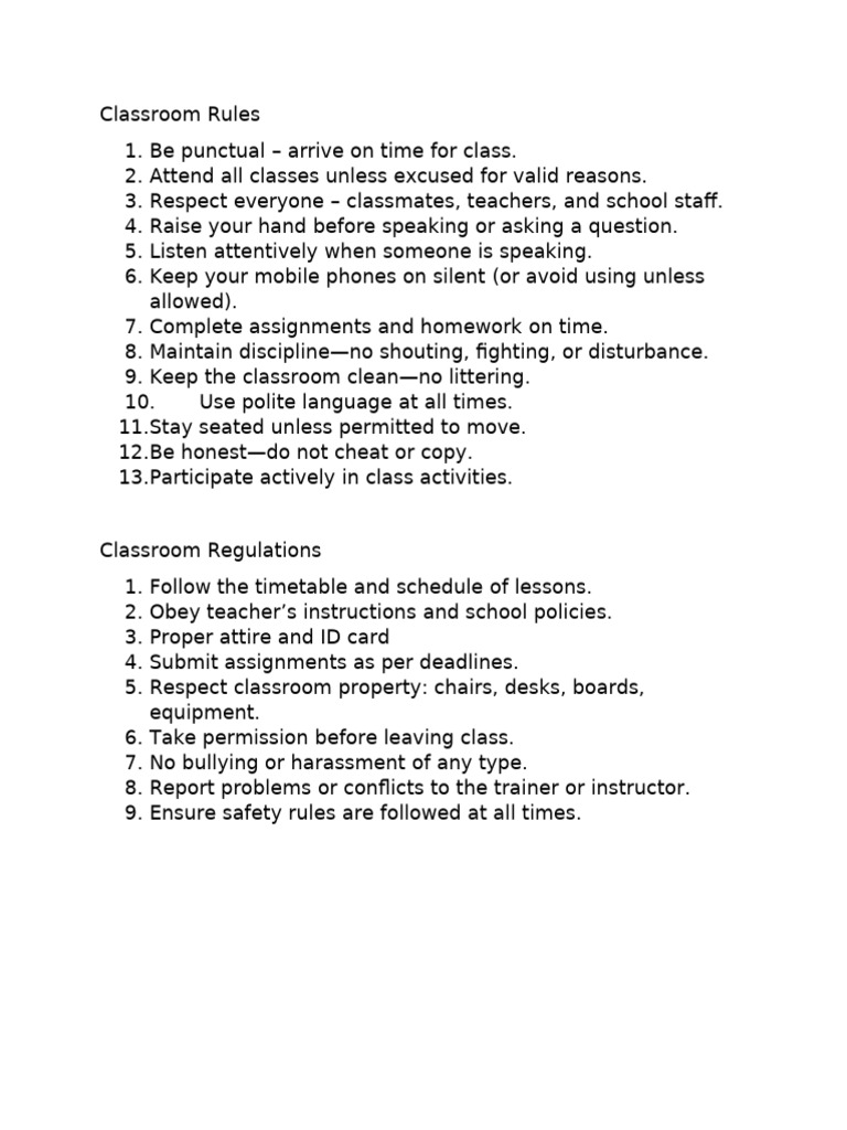 Classroom Rules and Regulaion Including Consequences | PDF | Teachers ...