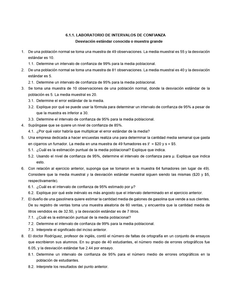 6.1.1. Laboratorio Int Conf CASO 1 | PDF | Intervalo de confianza | Desviación Estándar