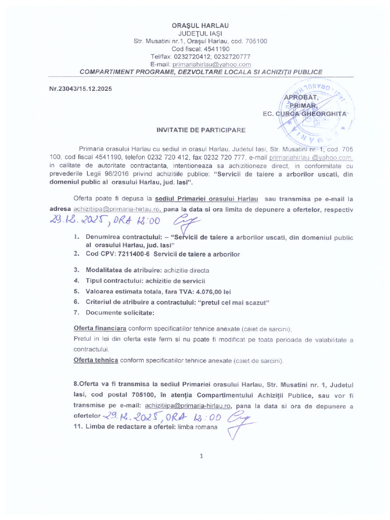 Invitatie de Participare Servicii Taiere Arbori Uscati | PDF