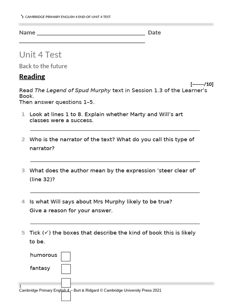 Cambridge Primary English Unit 4 Test | PDF | Grammar | Linguistics