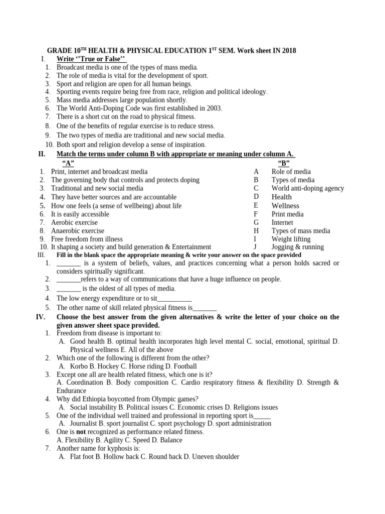 Grade 10th HPE 1st Sem. 2 Work Sheet 2018 | PDF | Physical Fitness ...