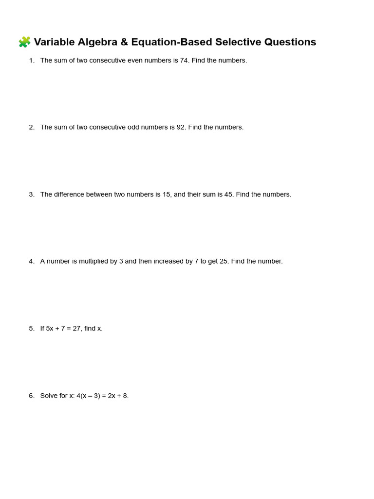 Wekk Seven_ Variable Algebra and Equation Questions (1) | PDF