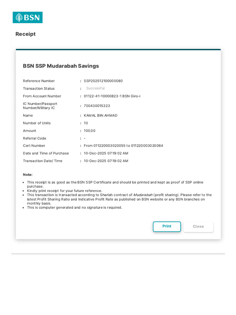 MyBSN - BSN SSP Mudarabah Savings Acknowledgement - Bank Simpanan ...