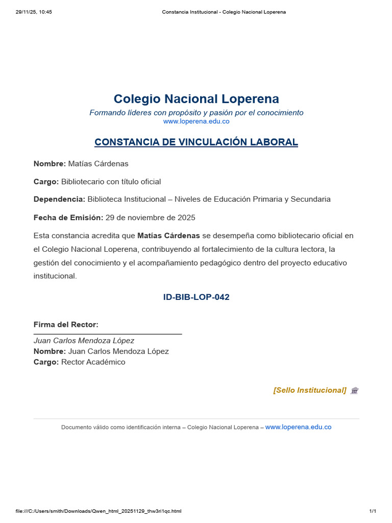 Constancia de Bibliotecario Loperena | PDF