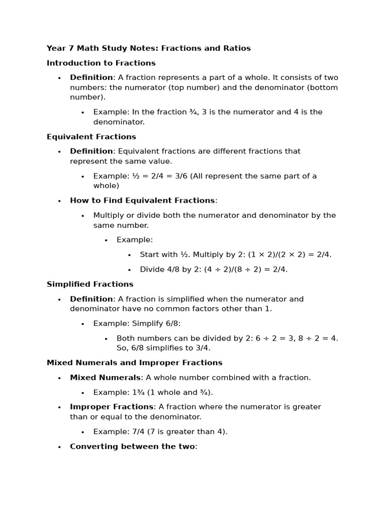 Year 7 Math: Fractions and Ratios Guide | PDF | Division (Mathematics ...
