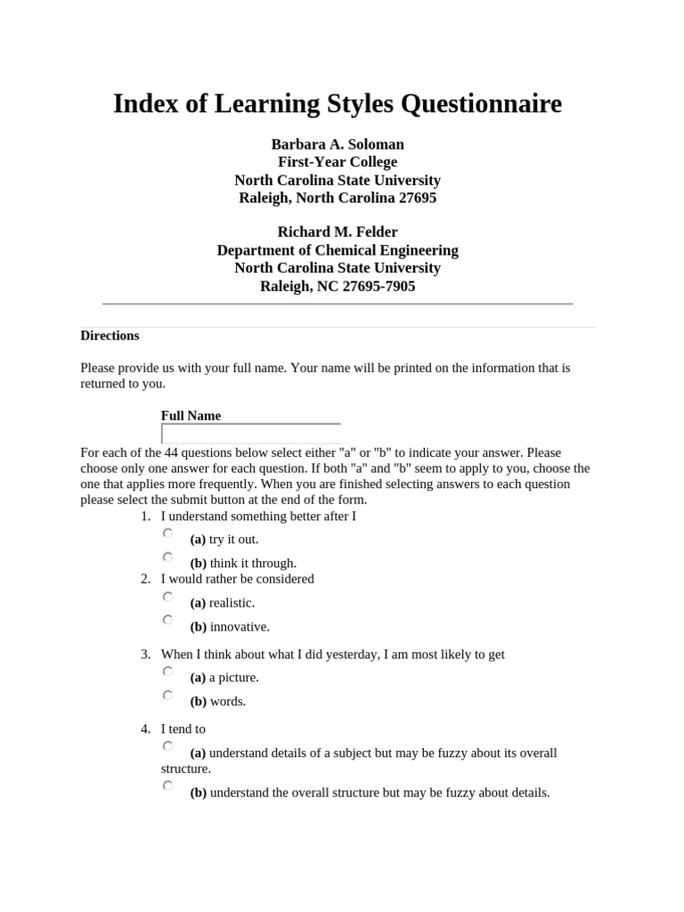 Learning Styles Questionnaire Form | PDF | Learning Styles | Brainstorming