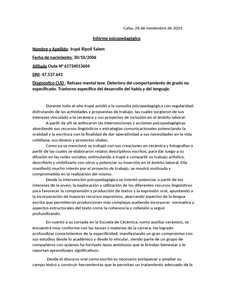 Informe psicopedagógico de Irupé Ripoli | PDF | Psicología Educacional ...