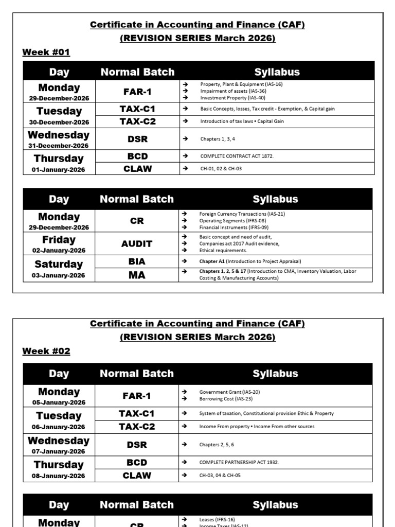CAF Revision Schedule (Group A & B) (1) Final | PDF | Accounting | Taxes