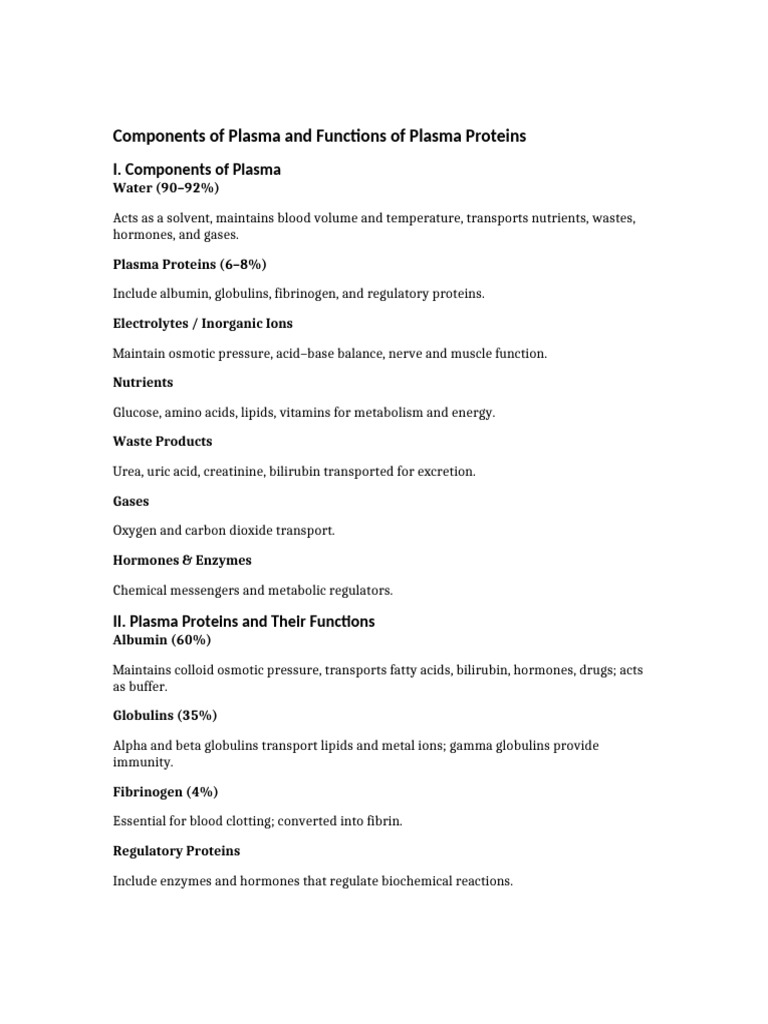Plasma Components & Protein Functions | PDF