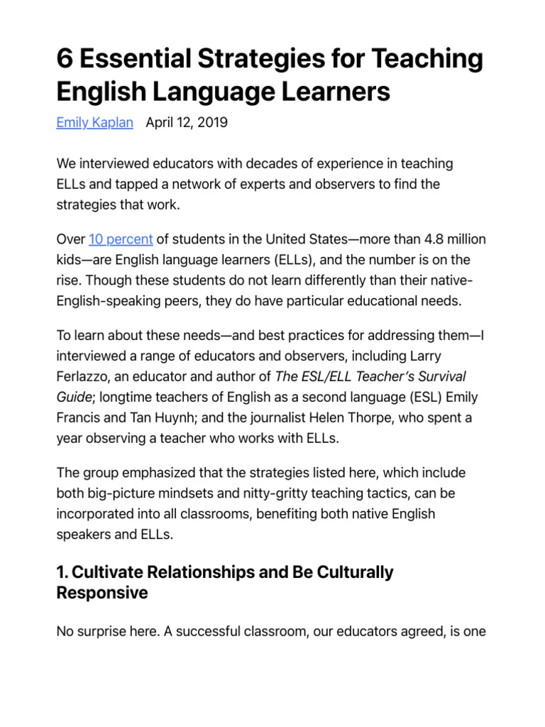 6 Essential Strategies for Teaching ELLs | Edutopia | PDF | English As ...