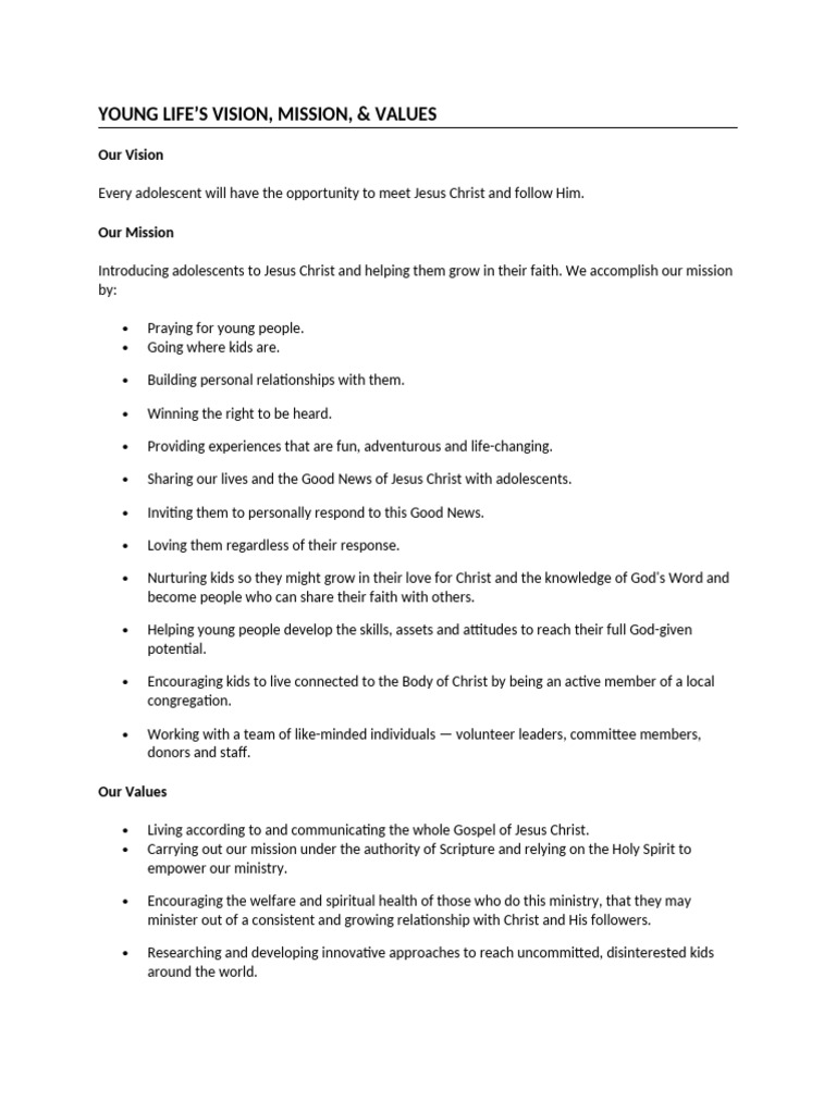 Young Life Mission & Values | PDF