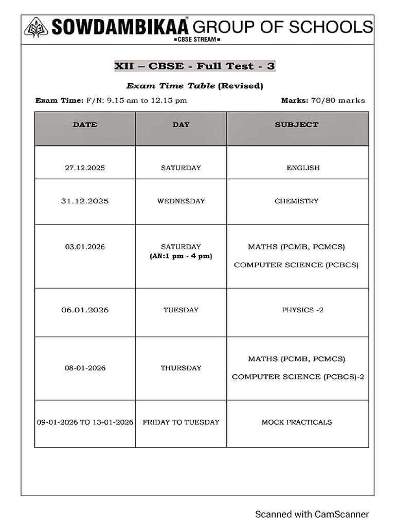 Xii - Class - Full Test - 3 Time Table | PDF