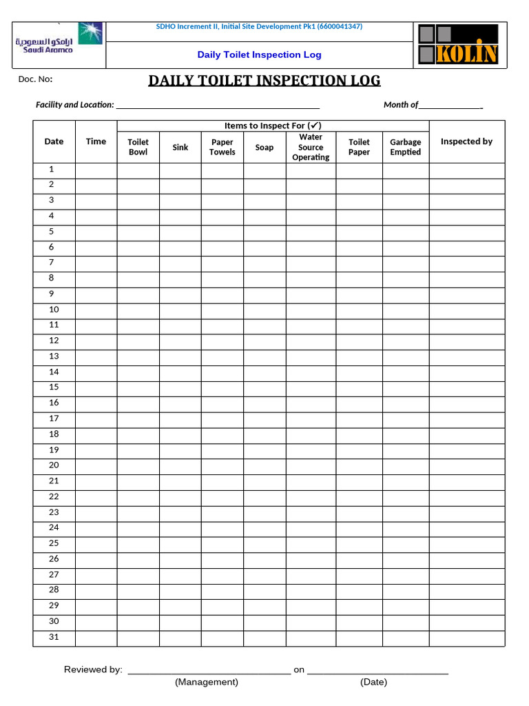 Daily Toilet Inspection Log Template | PDF
