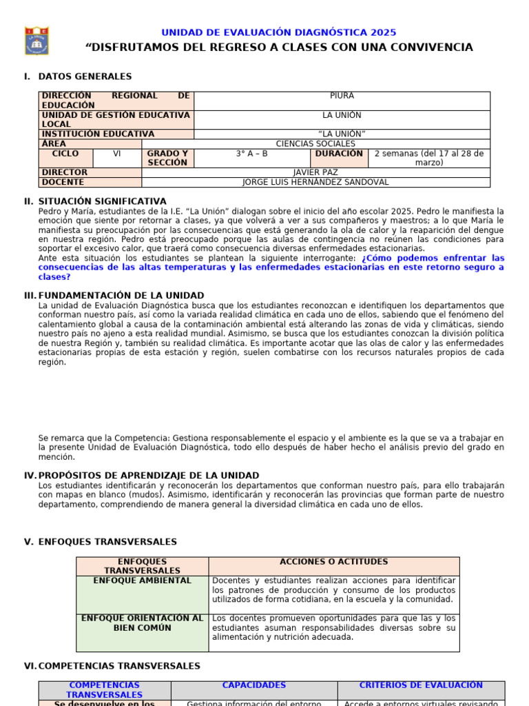 UNIDAD DE EVALUACIÓN DIAGNÓSTICA - CCSS 3° ABCD - 2025 | PDF ...
