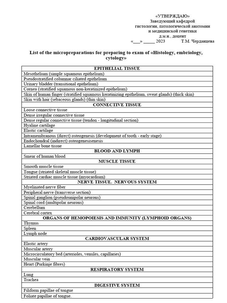 List of the Micropreparations for Preparing to Exam of «Histology ...