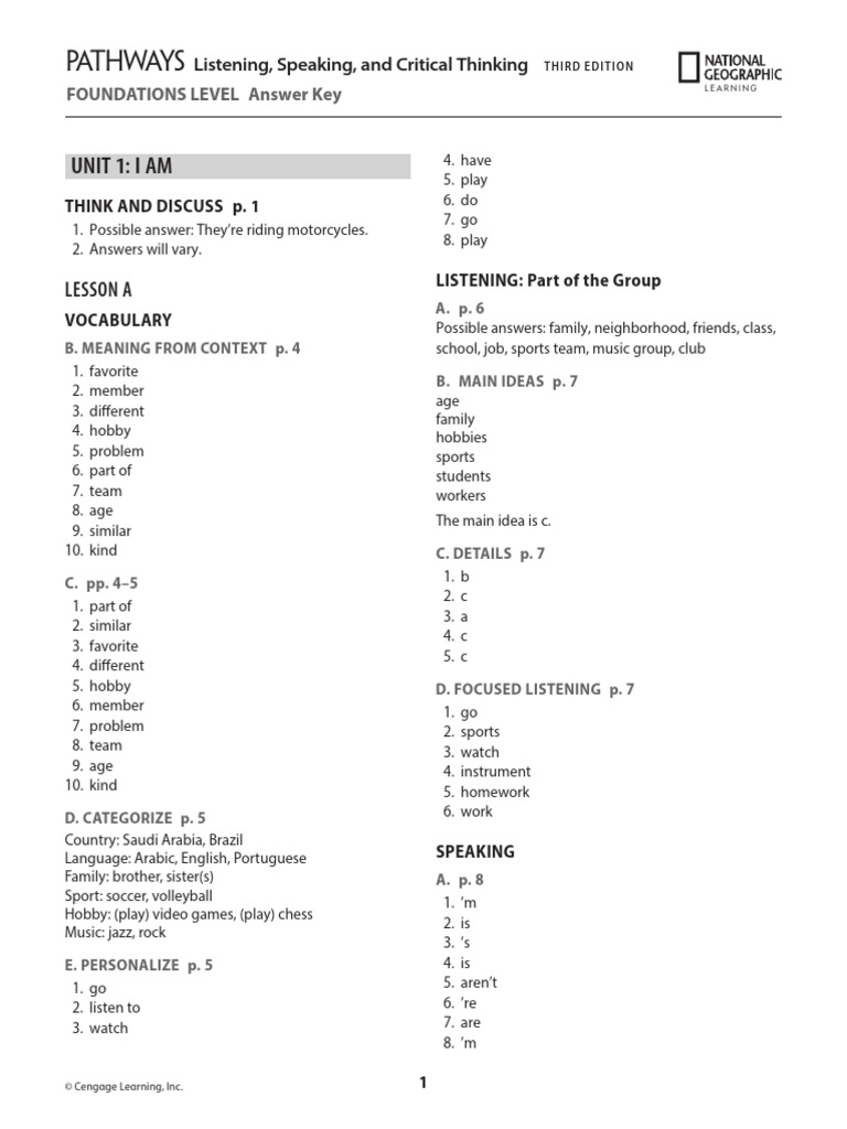 Pathways Foundations Level Answer Key | PDF | Extraversion And ...