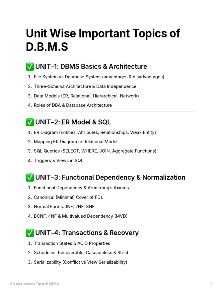 Unit Wise Important Topics of D.B.M.s | PDF