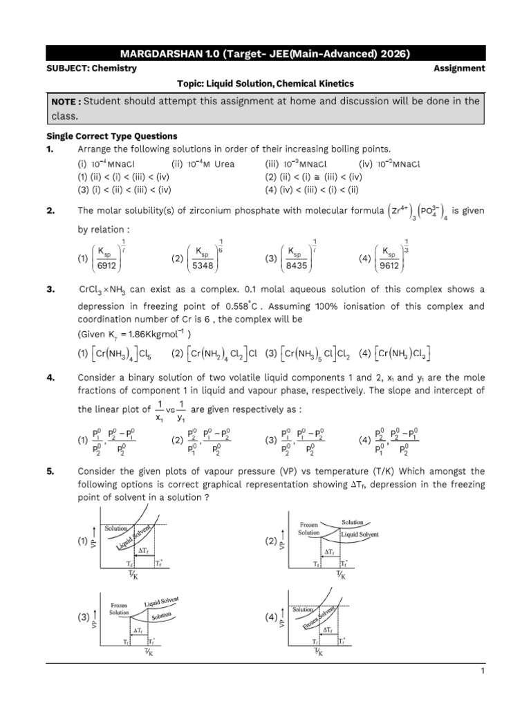 JEE 2026 Chemistry Assignment: Solutions & Kinetics | PDF | Gases ...