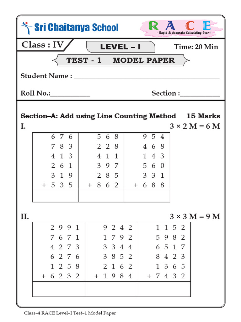 Class 4 RACE Level I Test Model Paper | PDF
