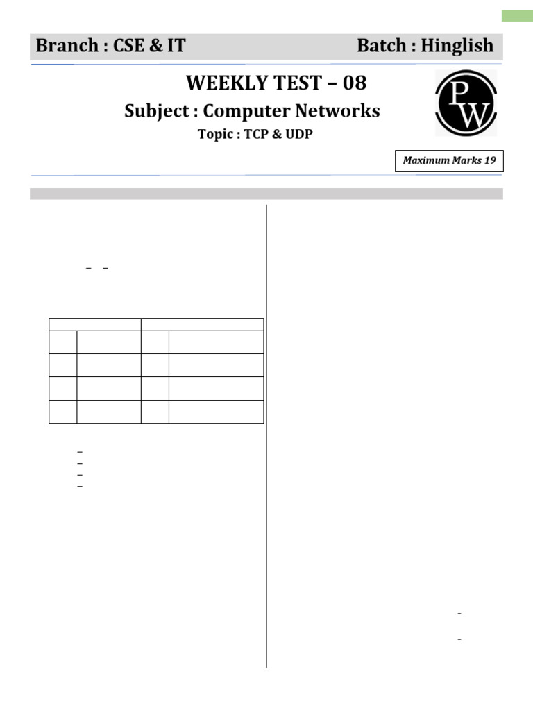 Computer Network Weekly Test 08 Test Papervijay Dropper Batch Computer ...