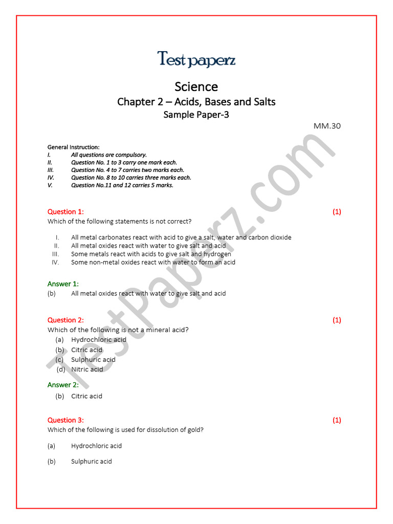 Acids, Bases and Salts Sample Paper 3 | PDF | Ph | Acid