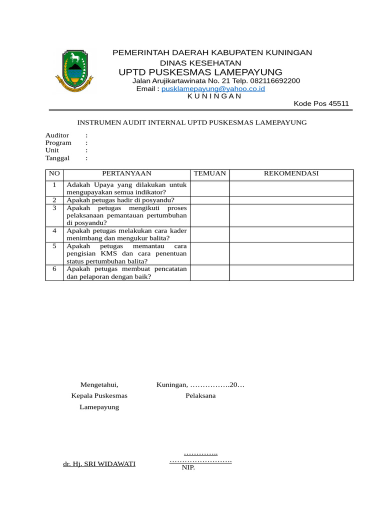 Instrumen Audit Internal Uptd Puskesmas Lamepayung | PDF