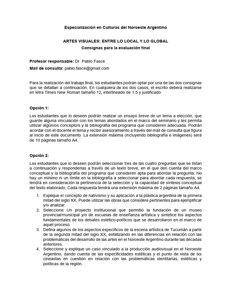 Artes Visuales ECNOA - Consigna Para Trabajo Final (1) | PDF | Bibliografía