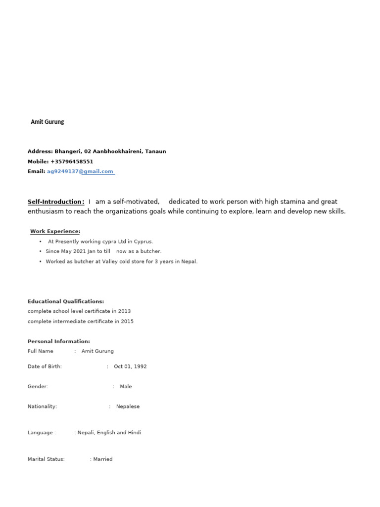 Amit Gurung - Butcher Resume & Profile | PDF