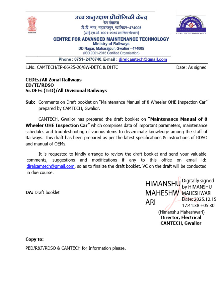 Draft Maintenance Manual On 8 Wheeler OHE Inspection Car (DETC DHTC ...