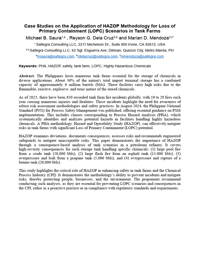 Case Studies on the Application of HAZOP Methodology for Loss of ...