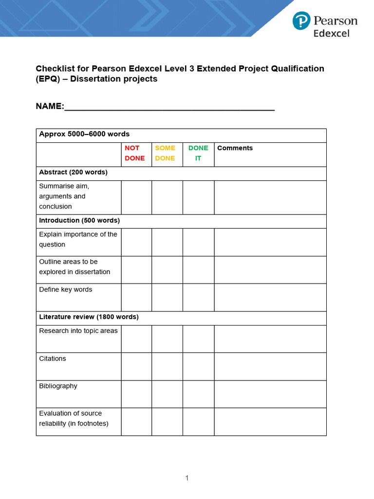 EPQ Dissertation Checklist Guide | PDF
