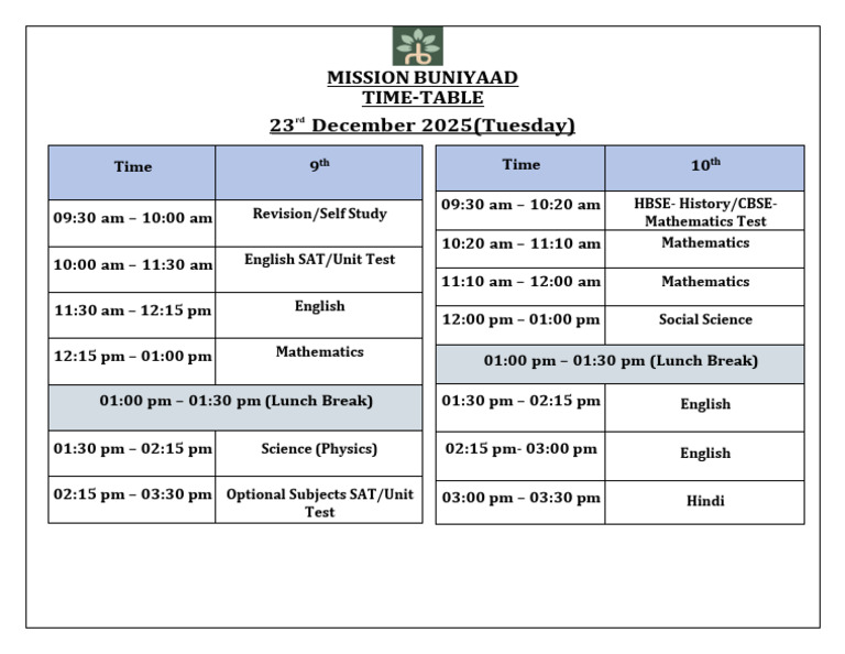 9th&10th - Time Table - 23rd December 2025 | PDF