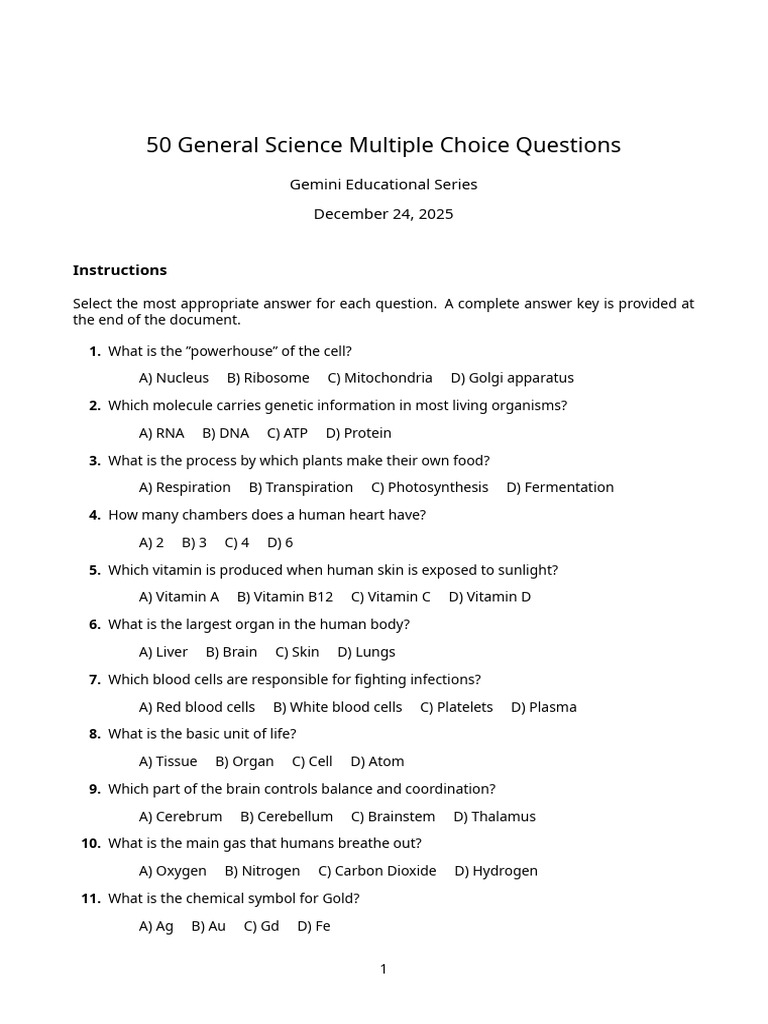50 General Science MCQs | PDF | Cell (Biology) | Planetary Core