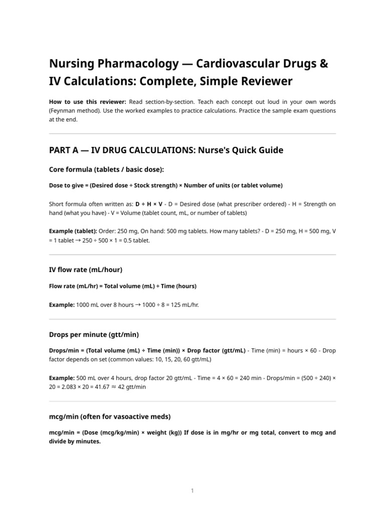 Nursing Pharmacology - Cardiovascular Drugs & IV Calculations Reviewer ...