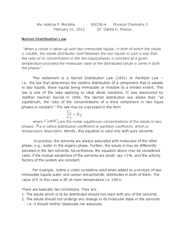 Nernst Distribution Law Explained | PDF | Solution | Solubility