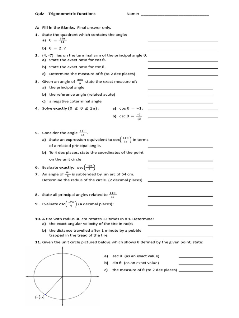 Trigonometric Functions Quiz | PDF | Angle | Trigonometry