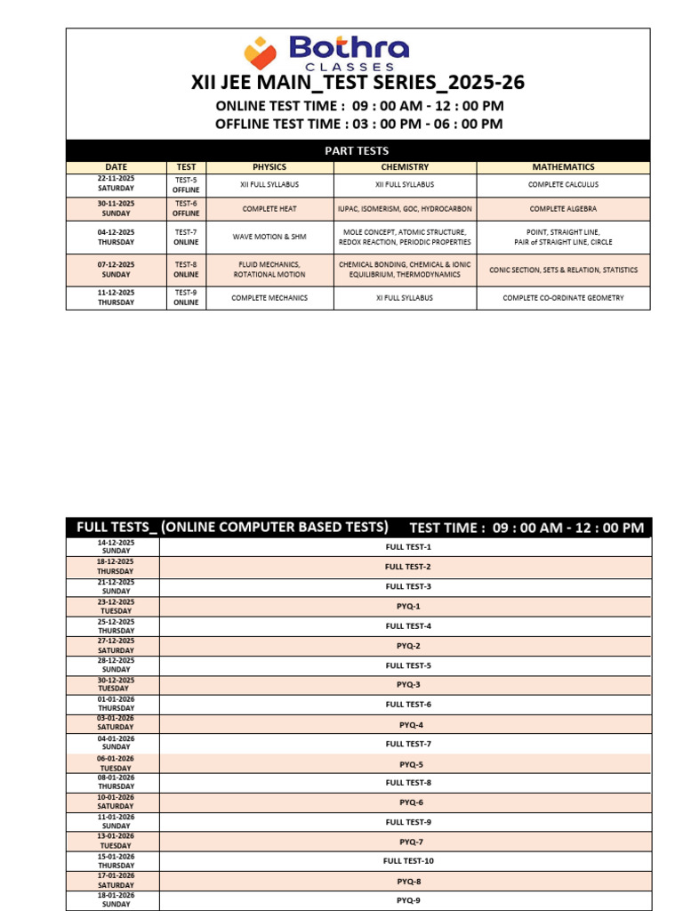 JEE Main Test Series Schedule 2025-26 | PDF | Chemistry | Physical Sciences
