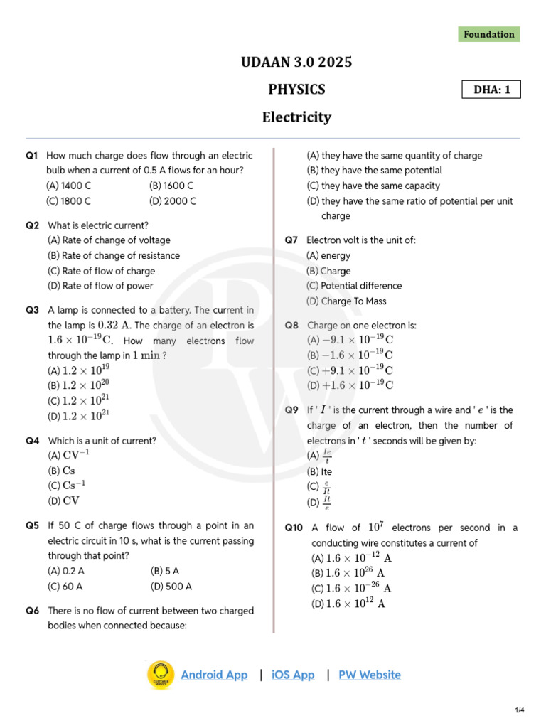 Electric Current and Charge Quiz | PDF | Voltage | Electric Current