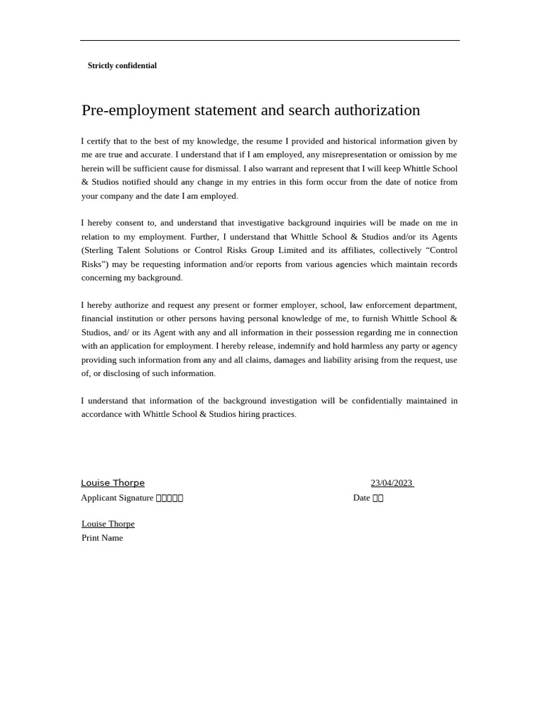 Louise Thorpe. Pre Employment Authorisation | PDF