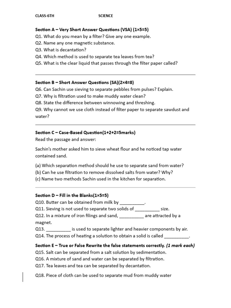 Class 6 Science: Separation Methods Quiz | PDF