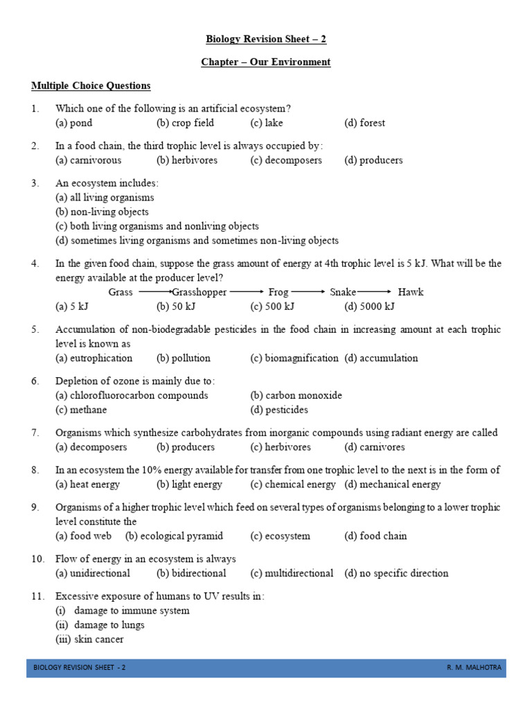 Biology Ecosystem MCQs Revision Guide | PDF | Ecosystem | Food Web