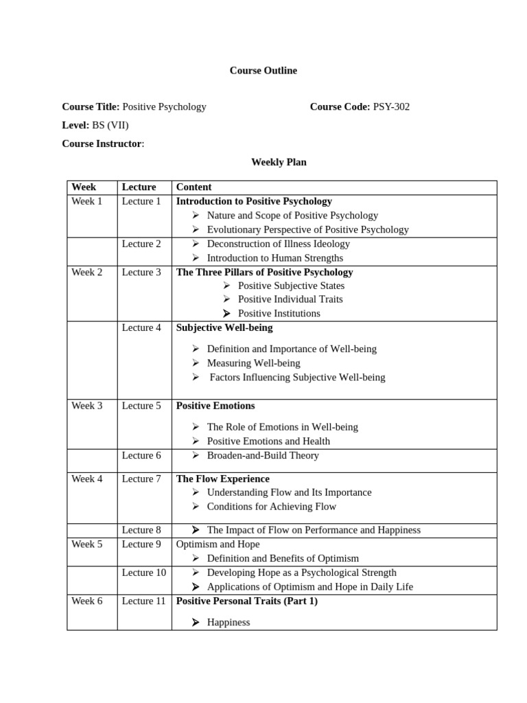 Positive Psychology Course Outline Final | PDF | Well Being | Positive ...