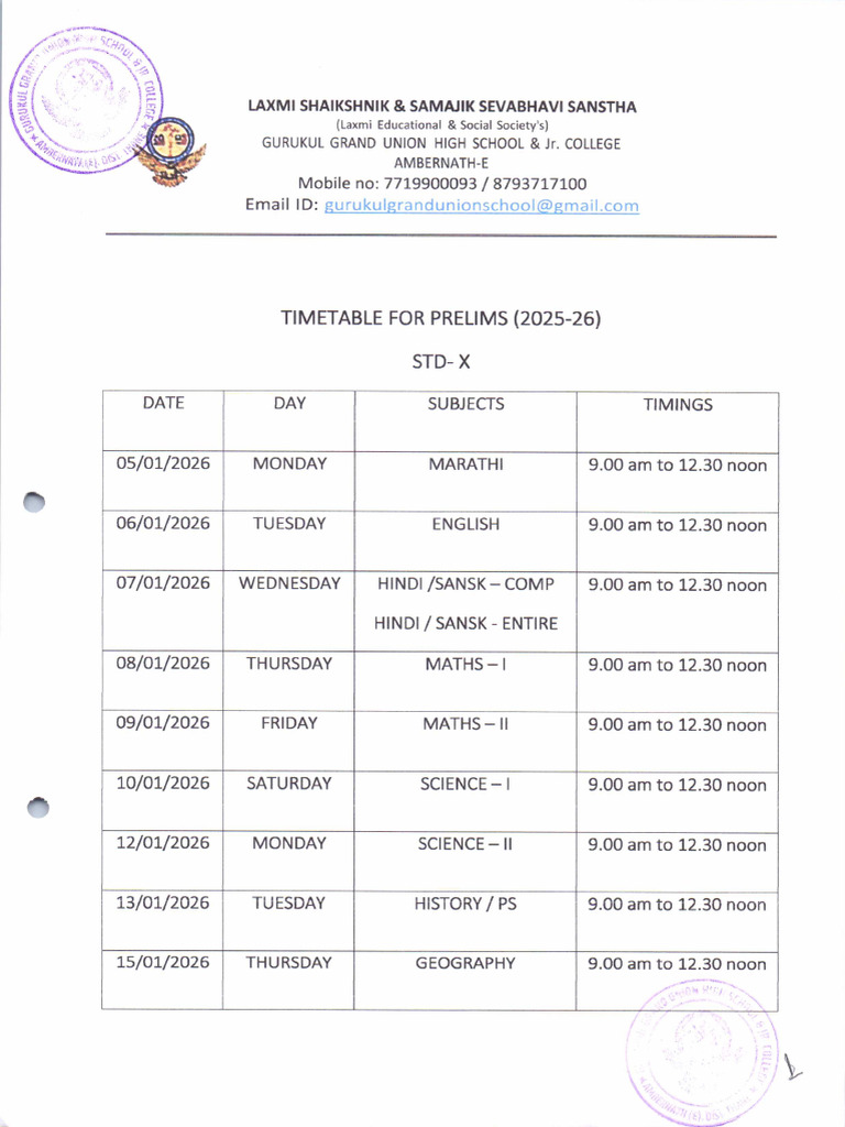 STD X - Timetable For Prelims 2025-26 | PDF