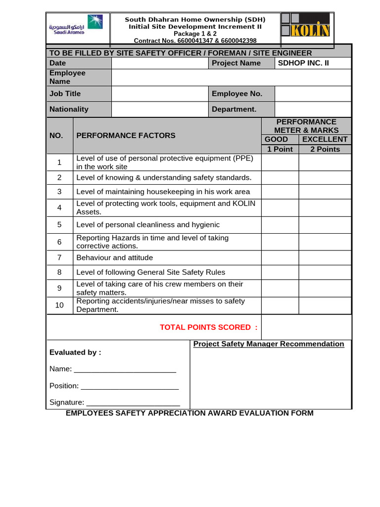 Employees Safety Appreciation Award Evaluation Form | PDF