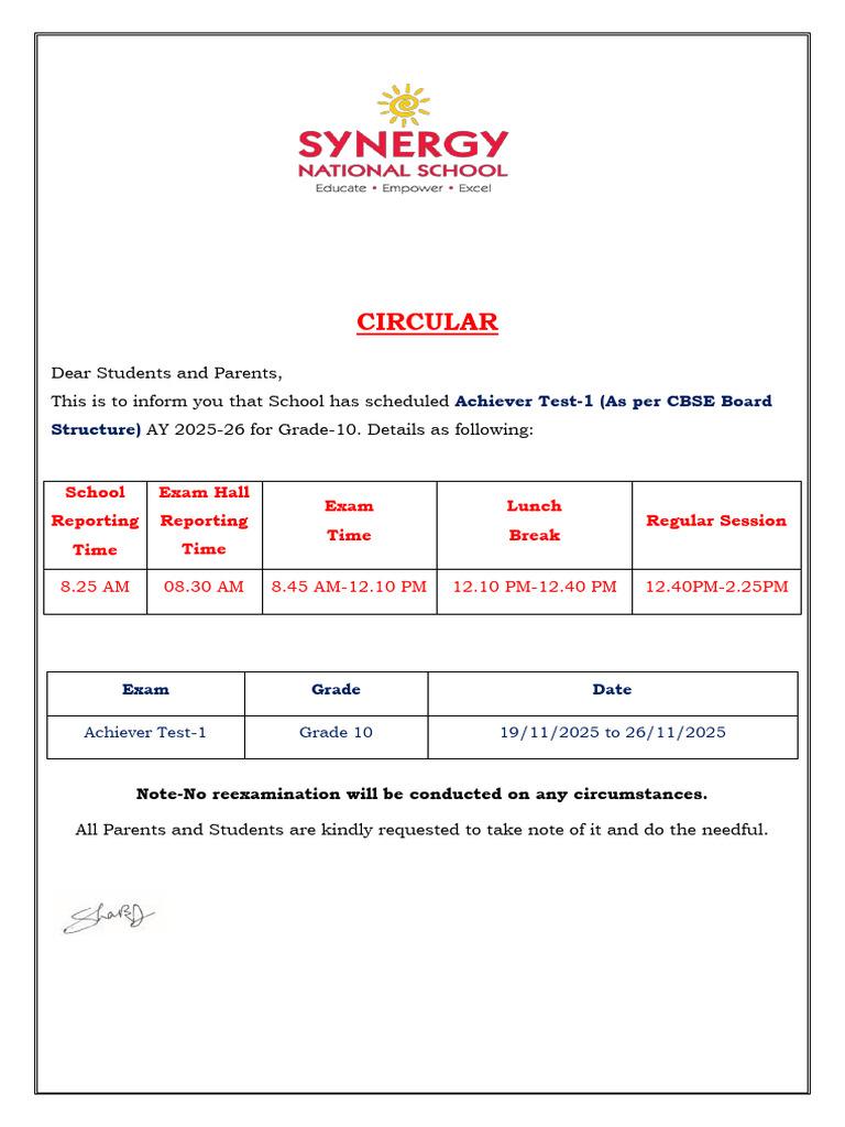 Grade 10 Achiever Test-1 Schedule | PDF