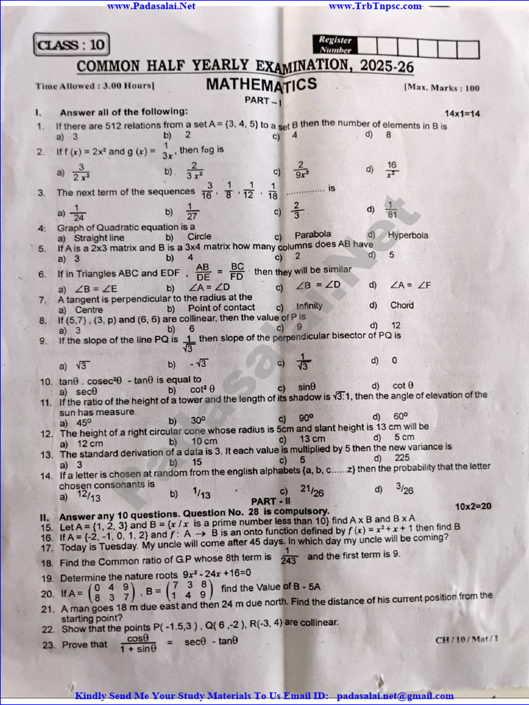 10th Maths TM - Half Yearly Exam 2025 - Question Paper With Answer Keys ...