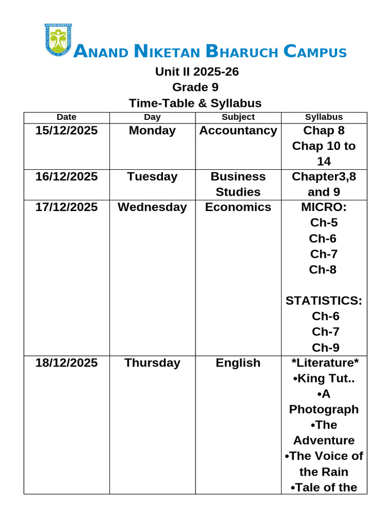 Unit 2 Timetable With Syllabus | PDF