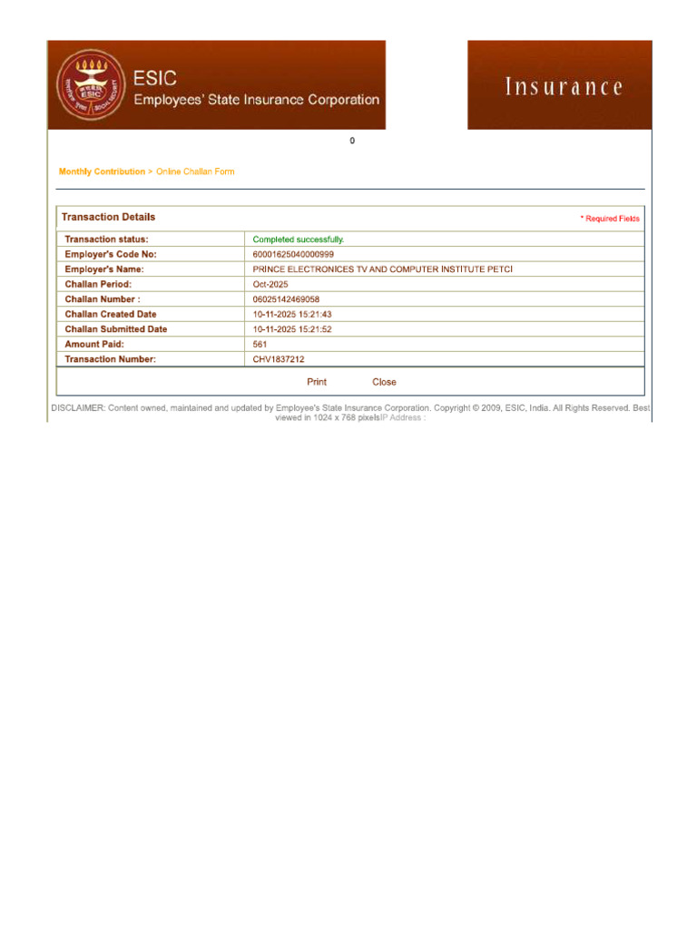 ESIC Payment Receipt Oct'2025 | PDF