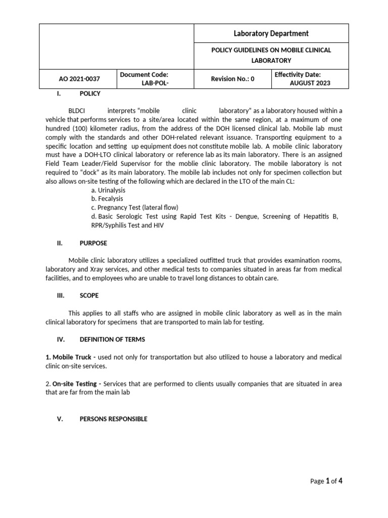 Mobile Clinical Laboratory Policy Guidelines | PDF | Health Care