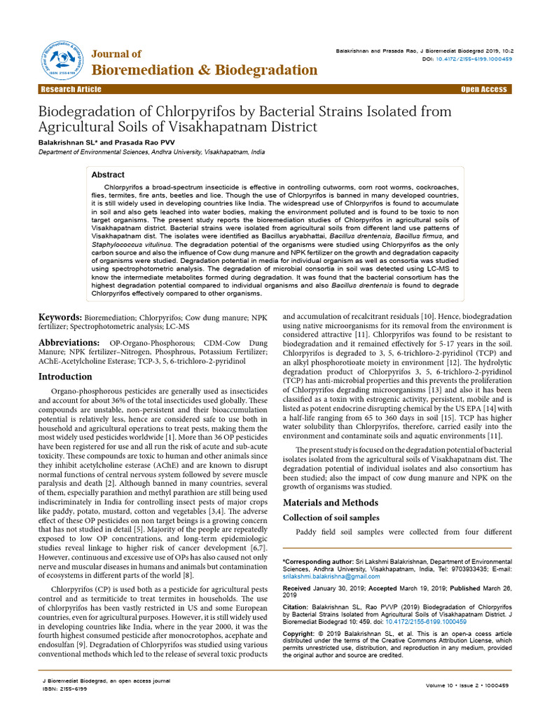 Biodegradation of Chlorpyrifos by Bacteria | PDF